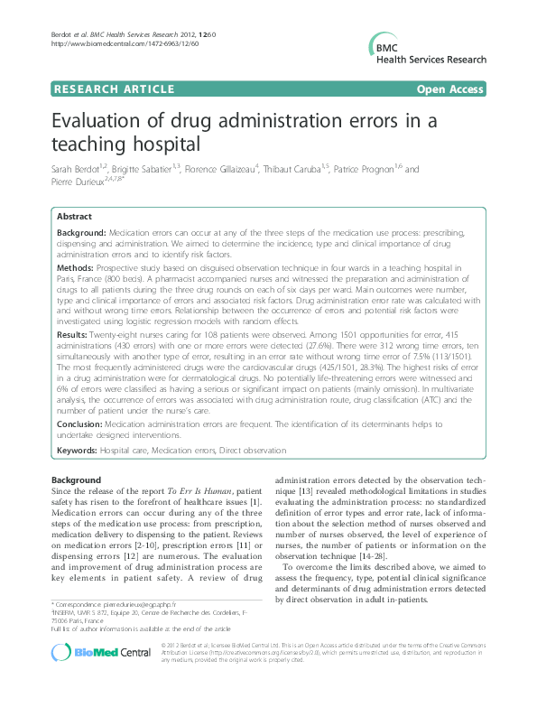 (PDF) Evaluation of drug administration errors in a teaching hospital