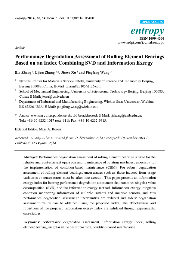 Pdf Performance Degradation Assessment Of Rolling Element Bearings Based On An Index Combining