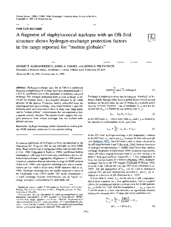 (PDF) A fragment of staphylococcal nuclease with an OB-fold structure ...