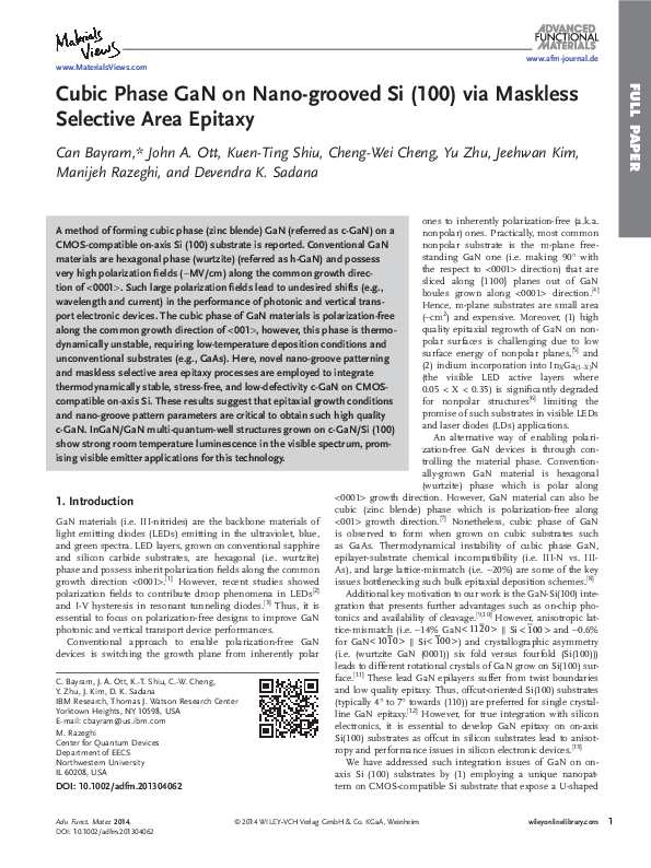 (PDF) Cubic Phase GaN on Nano-grooved Si (100) via Maskless Selective Area Epitaxy