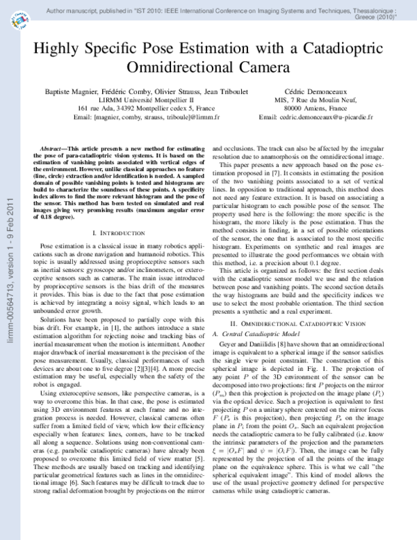 Pdf Highly Specific Pose Estimation With A Catadioptric Omnidirectional Camera Baptiste