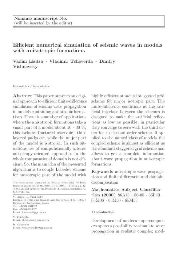 Pdf Numerical Simulation Of Seismic Waves In Models With Anisotropic