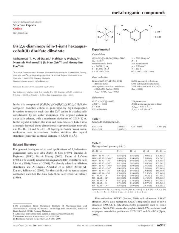 (PDF) Bis(2,6-diaminopyridin-1-ium) hexaaquacobalt(II) disulfate dihydrate