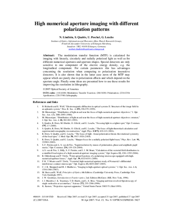 Pdf High Numerical Aperture Imaging With Different Polarization Patterns