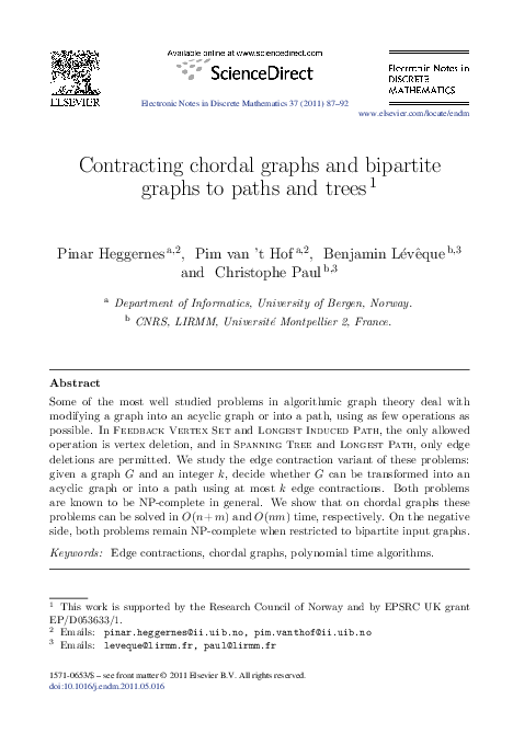 (PDF) Contracting chordal graphs and bipartite graphs to paths and trees | Pinar Heggernes ...