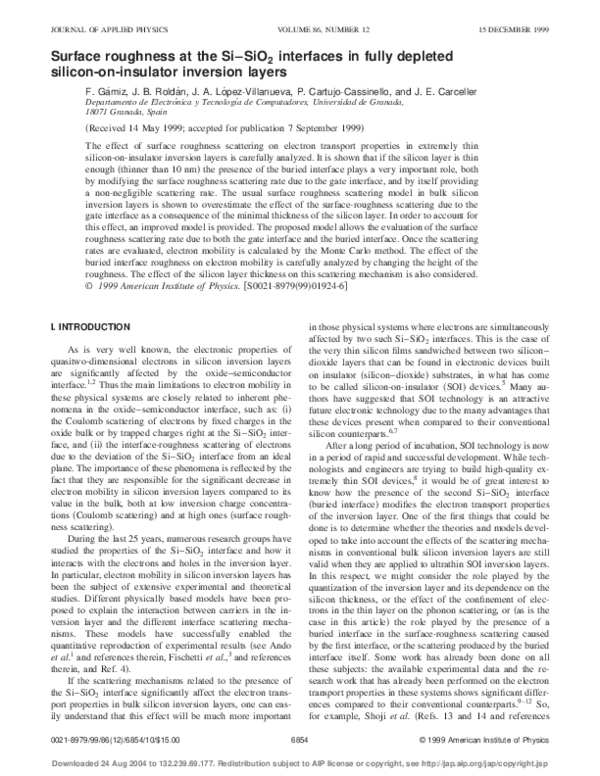 (PDF) Surface roughness at the Si–SiO2 interfaces in fully depleted silicon-on-insulator ...