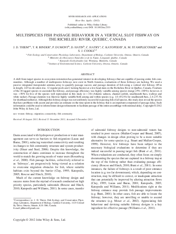 (PDF) MULTISPECIES FISH PASSAGE BEHAVIOUR IN A VERTICAL SLOT FISHWAY ON ...