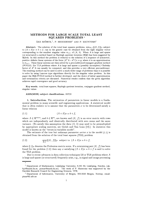 (PDF) Methods For Large Scale Total Least Squares Problems