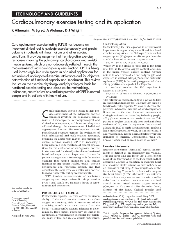 (PDF) Cardiopulmonary exercise testing and its application
