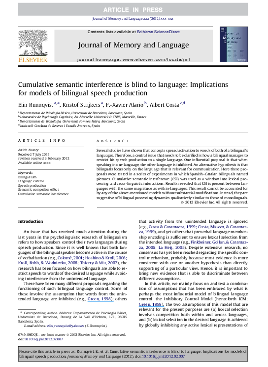 (PDF) Cumulative semantic interference is blind to language: Implications for models of ...