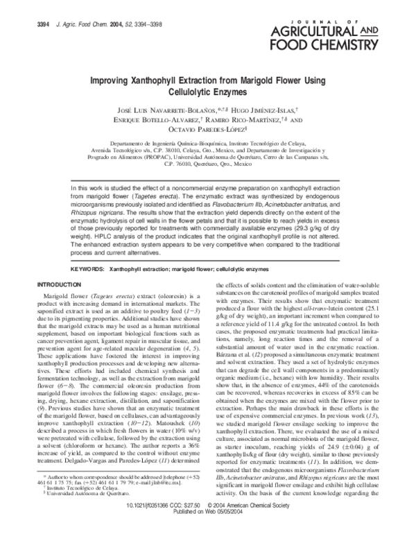(PDF) Improving Xanthophyll Extraction from Marigold Flower Using Cellulolytic Enzymes