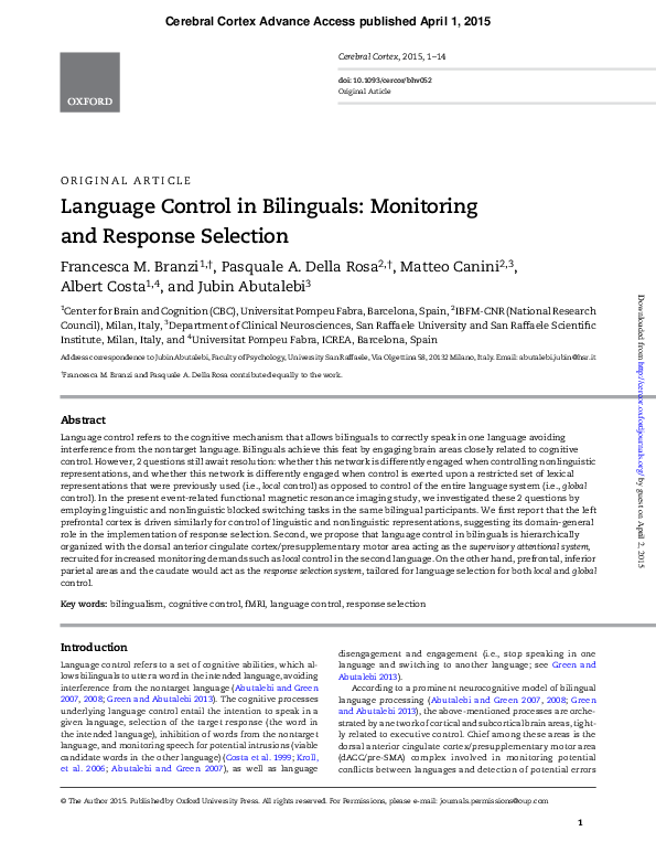 (PDF) Language Control in Bilinguals: Monitoring and Response Selection