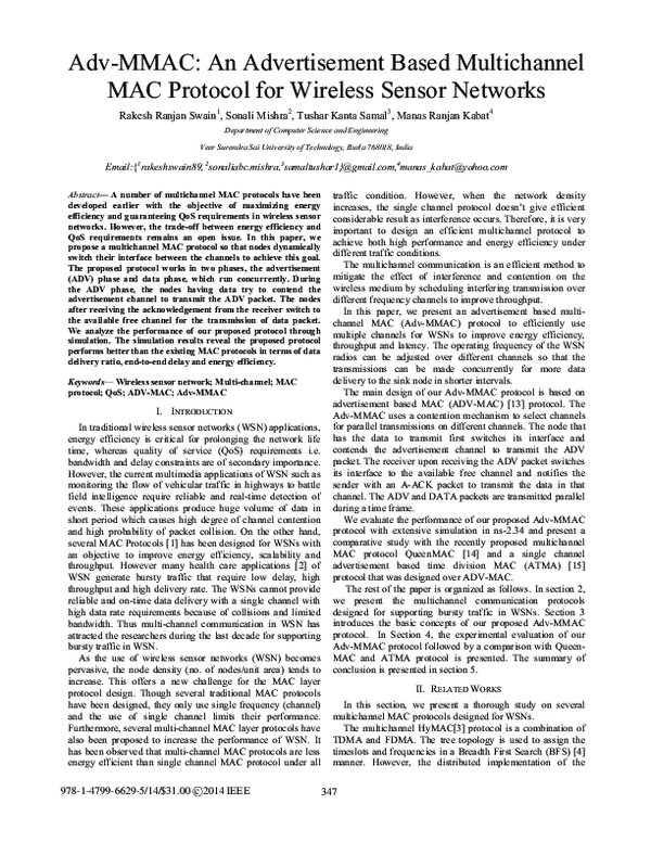 (PDF) Adv-MMAC:An Advertisement Based Multichannel MAC Protocol for Wireless Sensor Networks