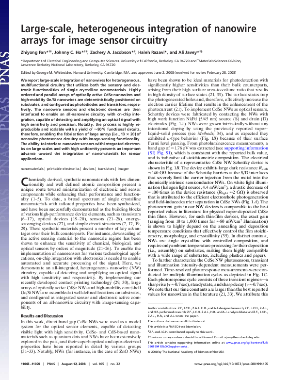 Pdf Large Scale Heterogeneous Integration Of Nanowire Arrays For