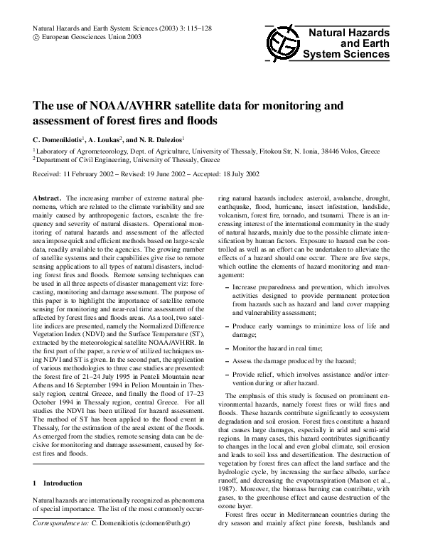 (PDF) The use of NOAA/AVHRR satellite data for monitoring and assessment of forest fires and floods