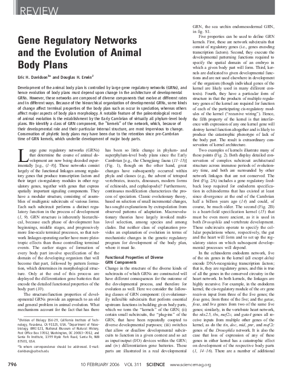 (PDF) Gene Regulatory Networks and the Evolution of Animal Body Plans