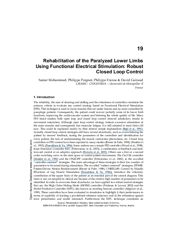 (PDF) Rehabilitation of the Paralyzed Lower Limbs Using Functional ...