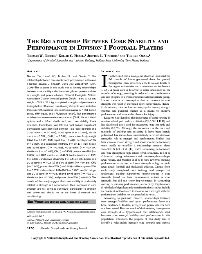 (PDF) The Relationship Between Core Stability and Performance in Division I Football Players