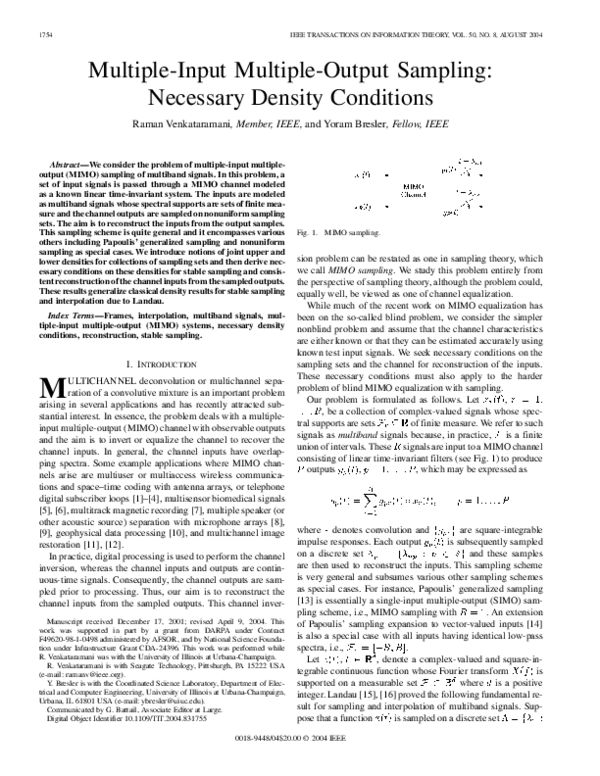 Pdf Multiple Input Multiple Output Sampling Necessary Density Conditions Yoram Bresler