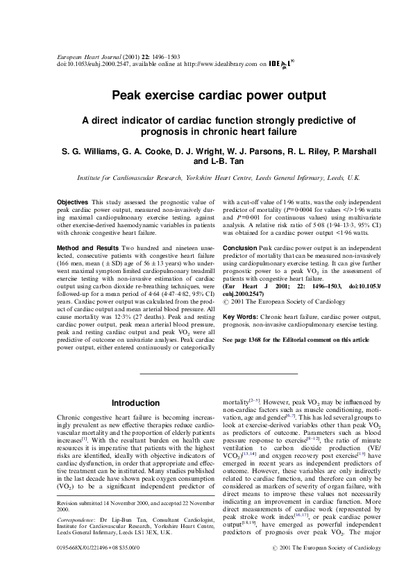 (PDF) Peak exercise cardiac power output; a direct indicator of cardiac ...