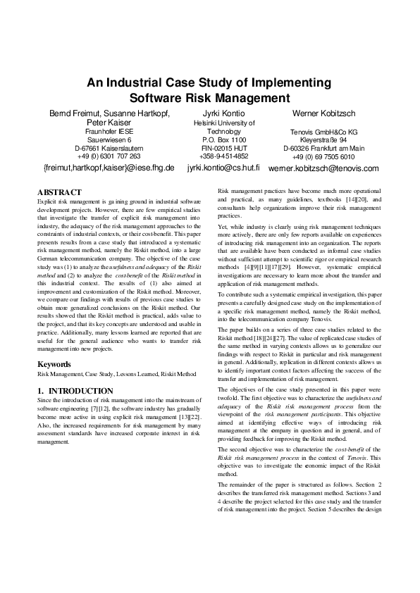 (PDF) An industrial case study of implementing software risk management