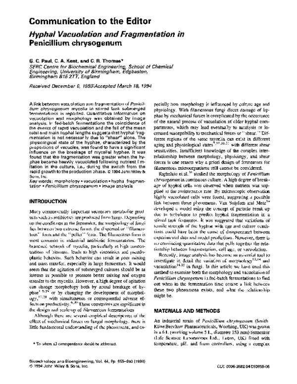 (PDF) Hyphal vocuolation and fragmentation inpenicillium chrysogenum