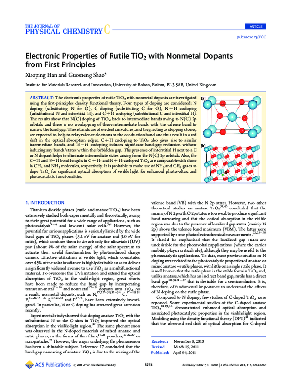 Pdf Electronic Properties Of Rutile Tio 2 With Nonmetal Dopants From First Principles