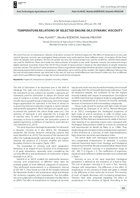 (PDF) Temperature relations of selected engine oils dynamic viscosity