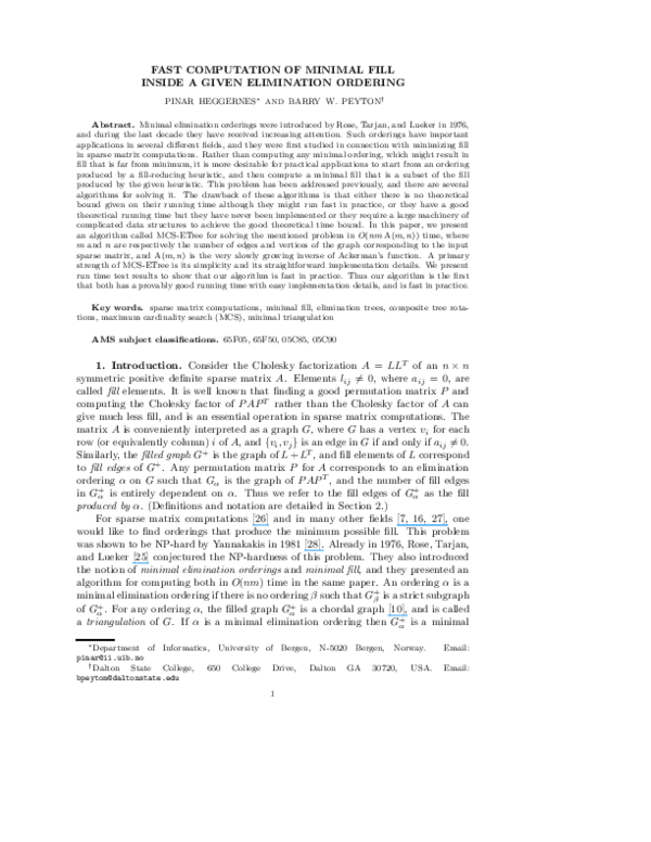 Pdf Fast Computation Of Minimal Fill Inside A Given Elimination Ordering