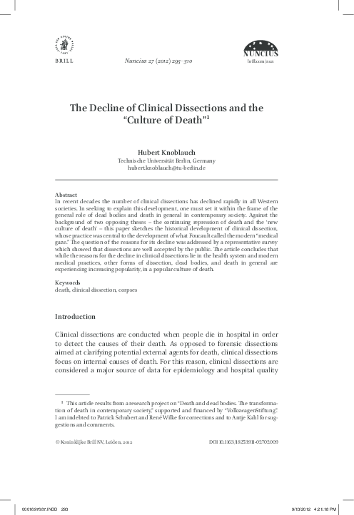 (PDF) The Decline of Clinical Dissections and the “Culture of Death” 1