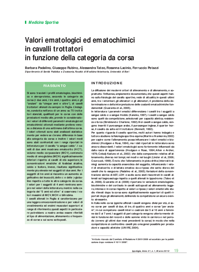 (PDF) Valori ematologici ed ematochimici in cavalli trottatori in funzione della categoria da corsa