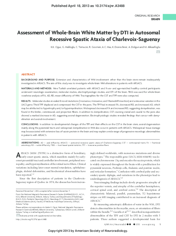 (PDF) Autosomal recessive spastic ataxia of Charlevoix-Saguenay (ARSACS): typical clinical and ...