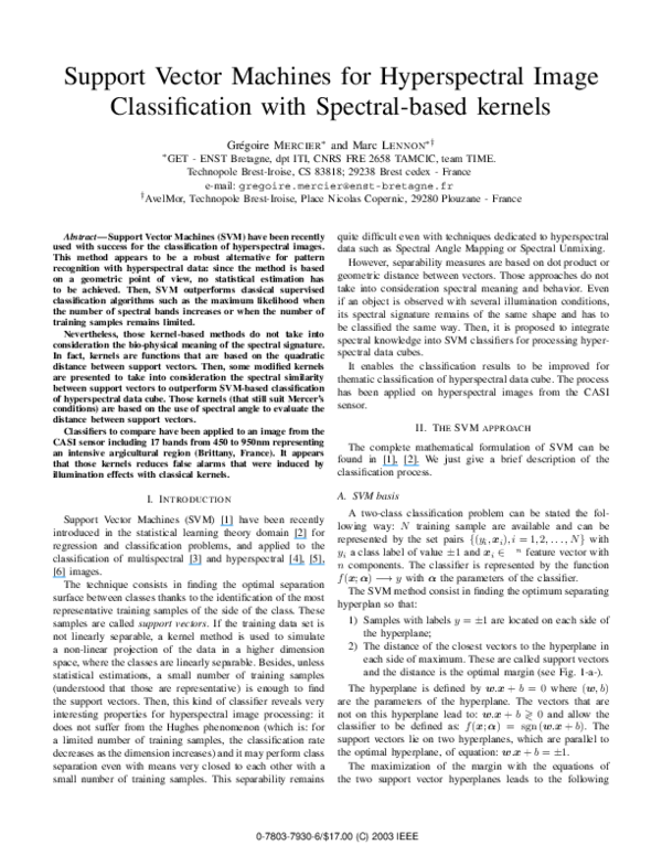 Pdf Support Vector Machines For Hyperspectral Image Classification