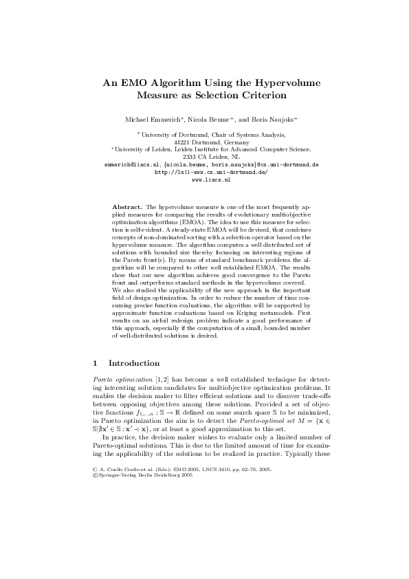 Pdf An Emo Algorithm Using The Hypervolume Measure As Selection Criterion 