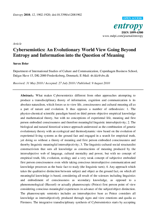 (PDF) Cybersemiotics: An Evolutionary World View Going Beyond Entropy and Information into the ...