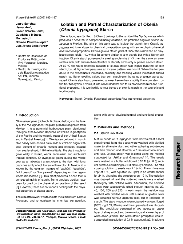 (PDF) Isolation and Partial Characterization of Okenia (Okenia hypogaea) Starch | Octavio ...