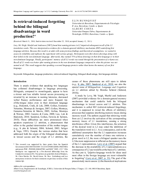 (PDF) Is retrieval-induced forgetting behind the bilingual disadvantage ...