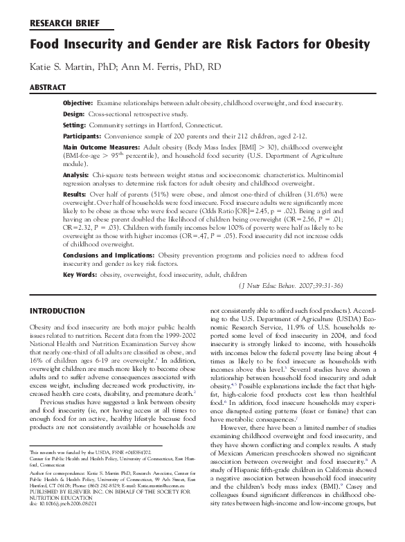 (PDF) Food Insecurity and Gender are Risk Factors for Obesity
