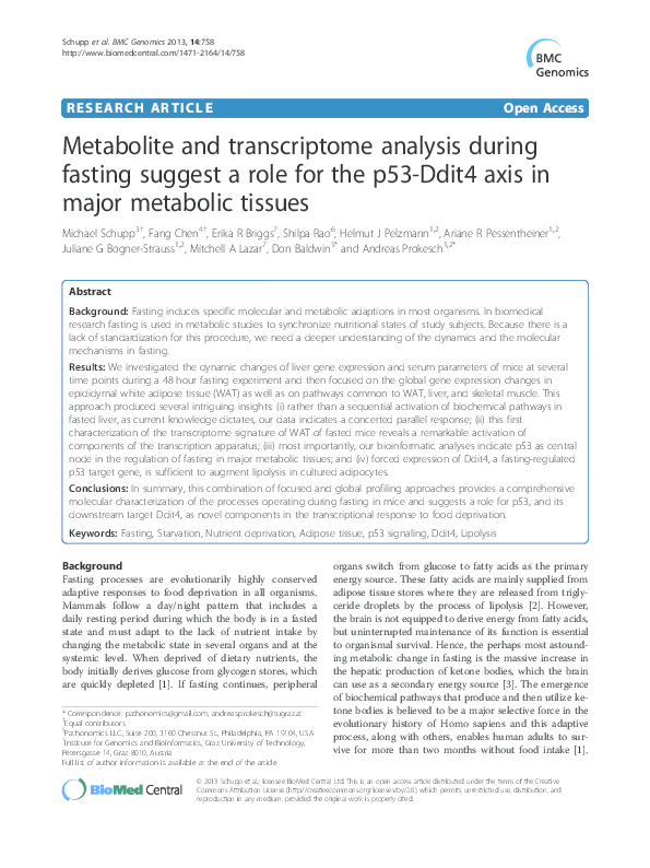 (PDF) Metabolite and transcriptome analysis during fasting suggest a ...