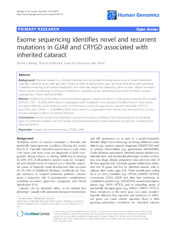(PDF) Exome sequencing identifies novel and recurrent mutations in GJA8 and CRYGD associated ...