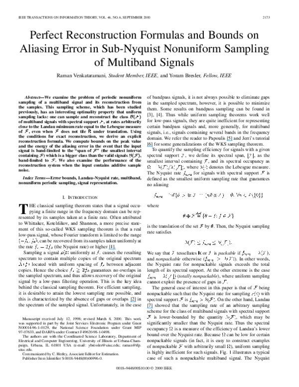 (PDF) Perfect reconstruction formulas and bounds on aliasing error in sub-Nyquist nonuniform ...