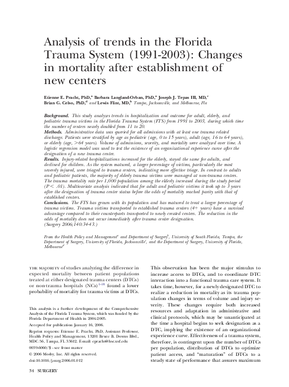 (PDF) Analysis of trends in the Florida Trauma System (1991-2003 ...