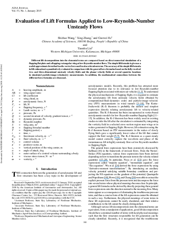 (PDF) Evaluation of Lift Formulas Applied to Low-Reynolds-Number Unsteady Flows
