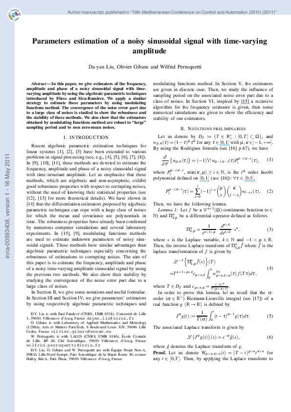 Pdf Parameters Estimation Of A Noisy Sinusoidal Signal With Time Varying Amplitude Wilfrid