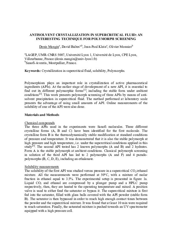 (PDF) ANTISOLVENT CRYSTALLIZATION IN SUPERCRITICAL FLUID: AN INTERESTING TECHNIQUE FOR POLYMORPH ...