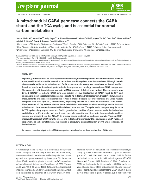 (PDF) A mitochondrial GABA permease connects the GABA shunt and the TCA ...