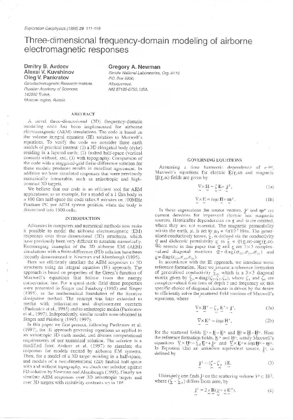 (PDF) Three-dimensional frequency-domain modeling of airborne electromagnetic responses