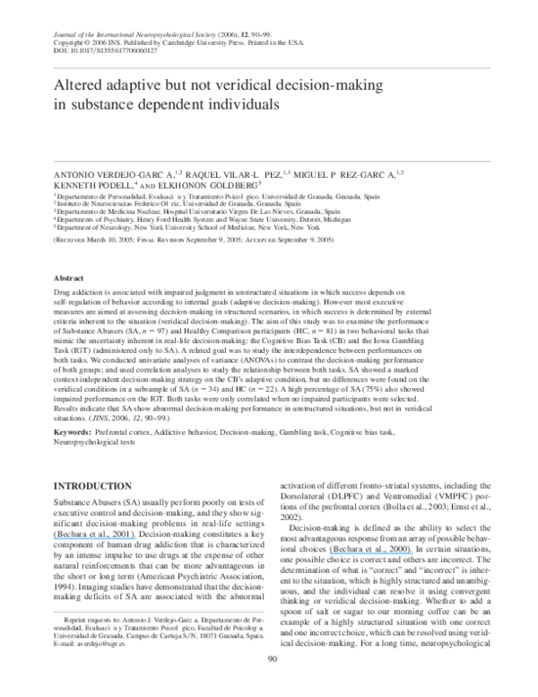 (PDF) Altered adaptive but not veridical decision-making in substance ...