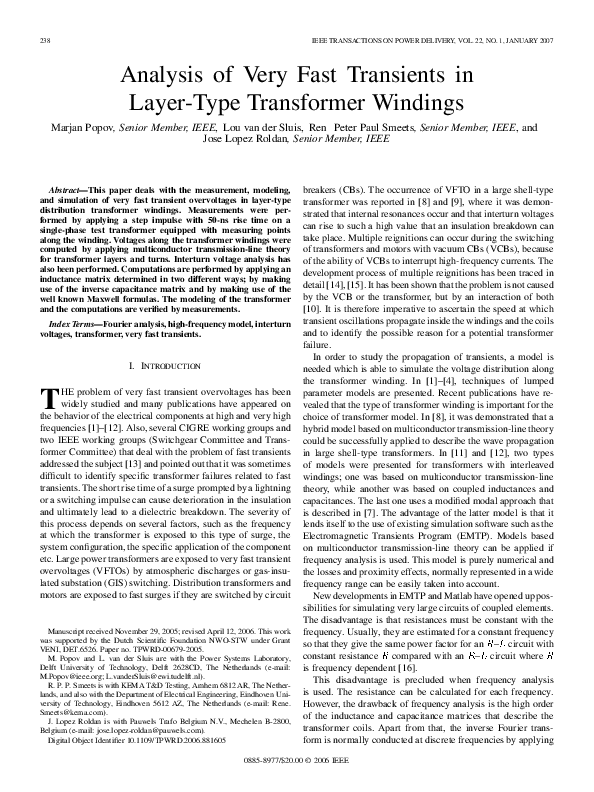 Pdf Analysis Of Very Fast Transients In Layer Type Transformer Windings