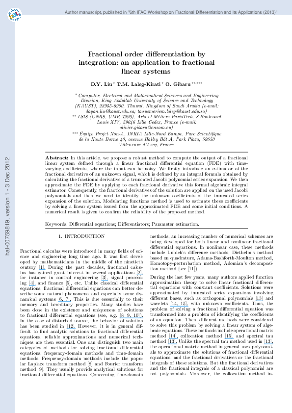 Pdf Fractional Order Differentiation By Integration With Jacobi Polynomials Wilfrid